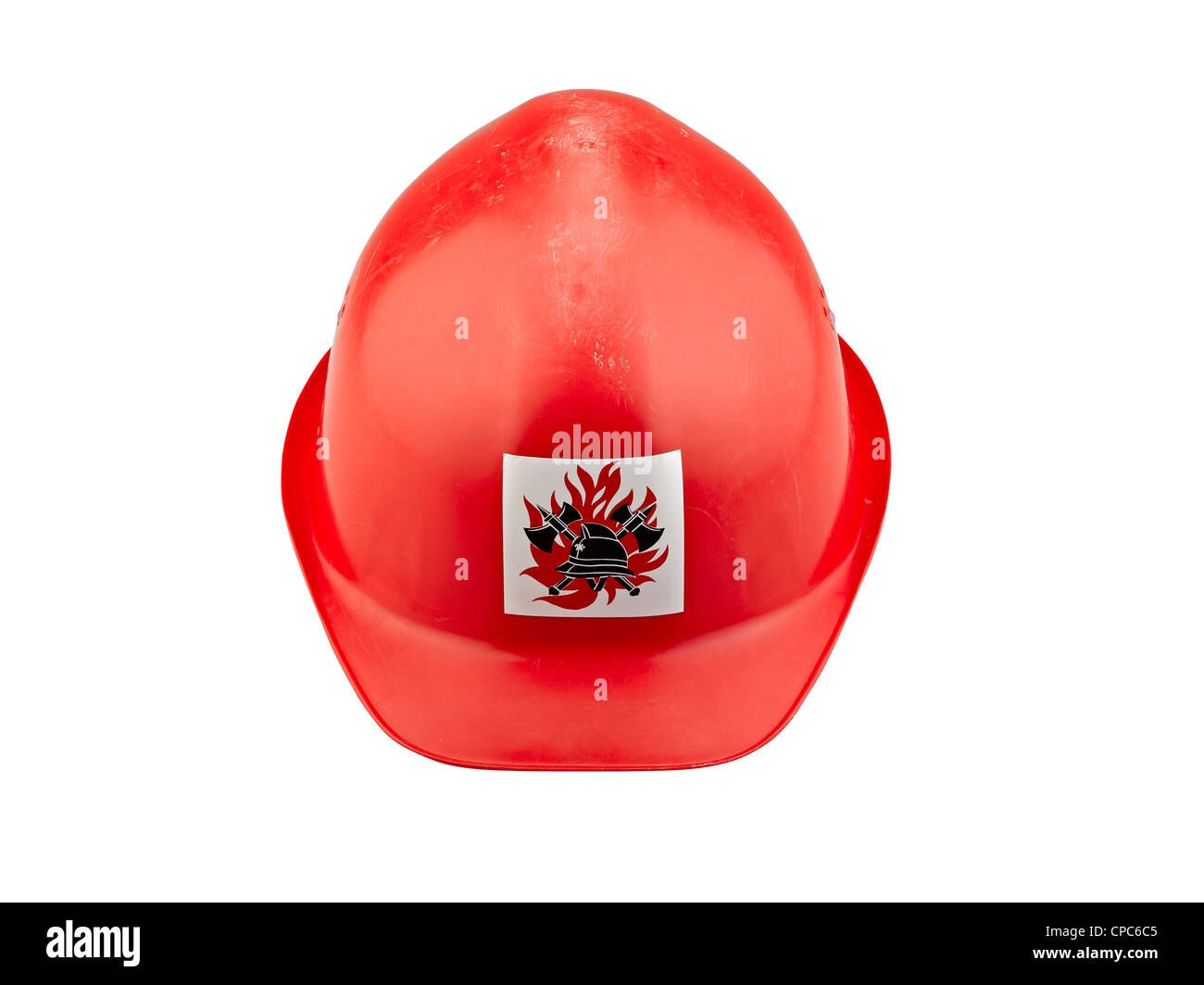 Old red plastic safety fireman helmet on white background (clipping ...