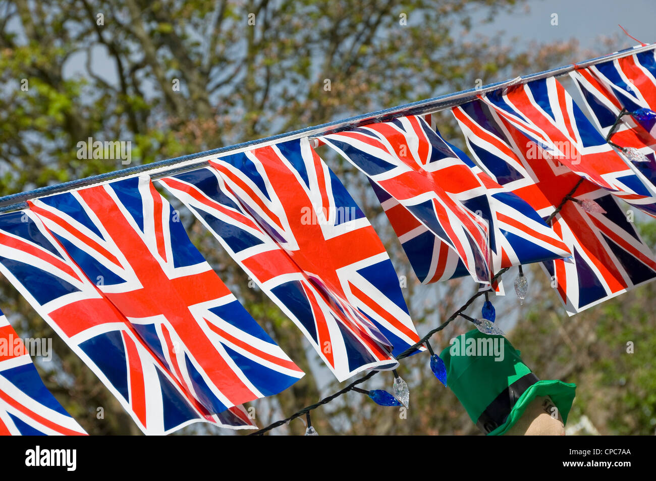 Close up of British Union Jack bunting flying Jacks flag flags England ...