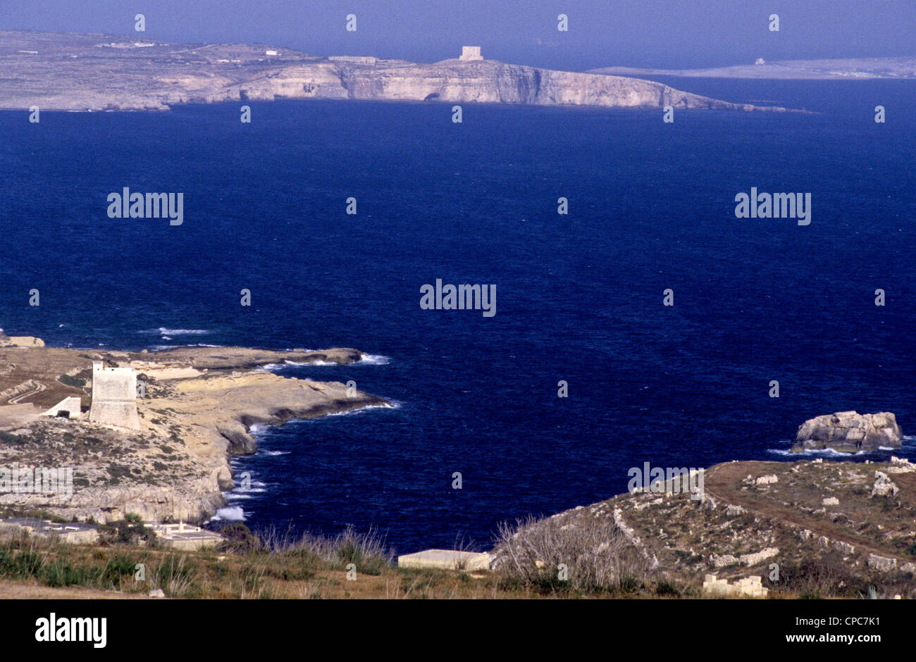 Line-of-Sight Signal Towers, Gozo to Comino to Malta Stock Photo - Alamy