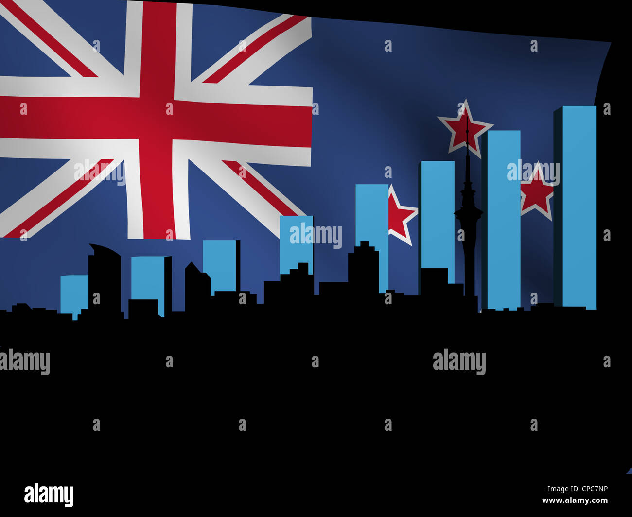 Auckland skyline and graph over New Zealand flag illustration Stock ...