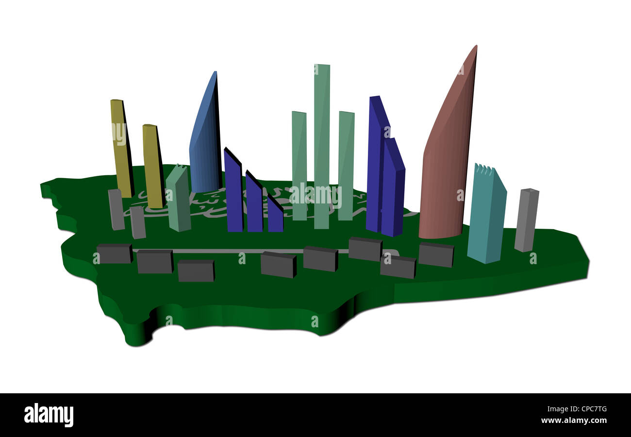 abstract skyscrapers on Saudi Arabia map flag illustration Stock Photo ...