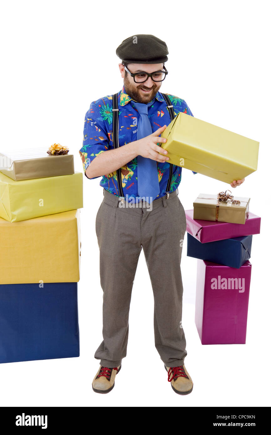happy silly salesman with some boxes, isolated on white Stock Photo - Alamy