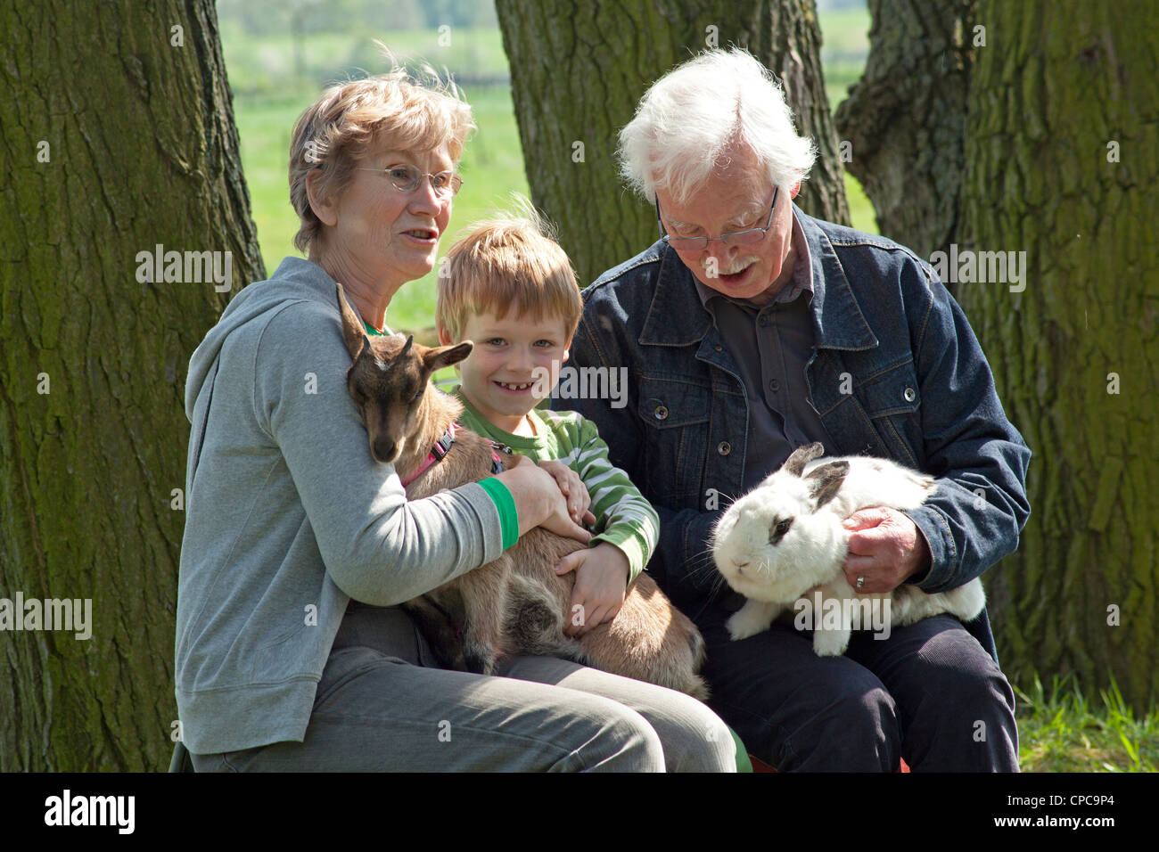 grandparents and grandson cuddling a rabbit and a goose Stock Photo - Alamy