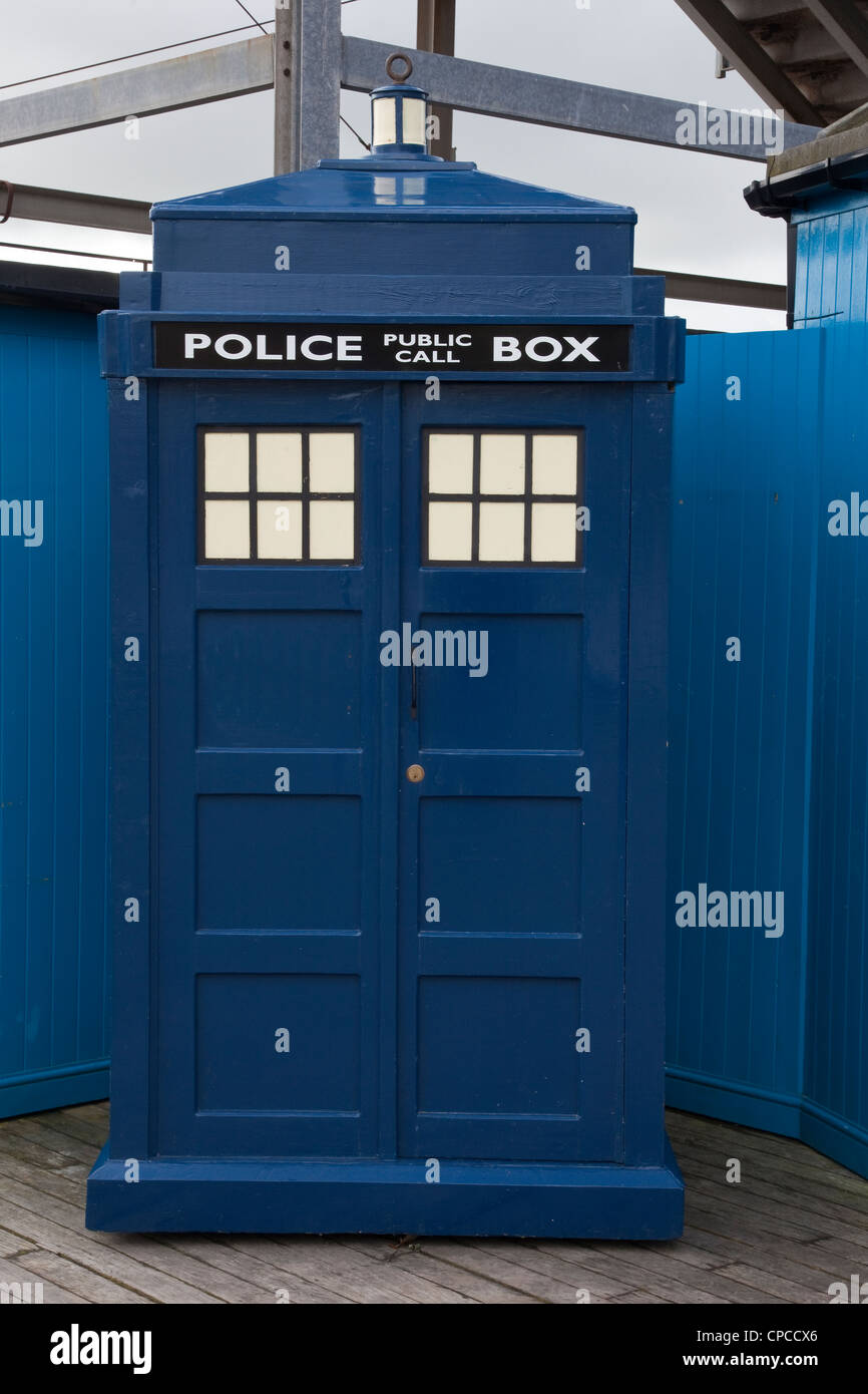 A TARDIS style blue Police Box on the pier at Llandudno North Wales ...