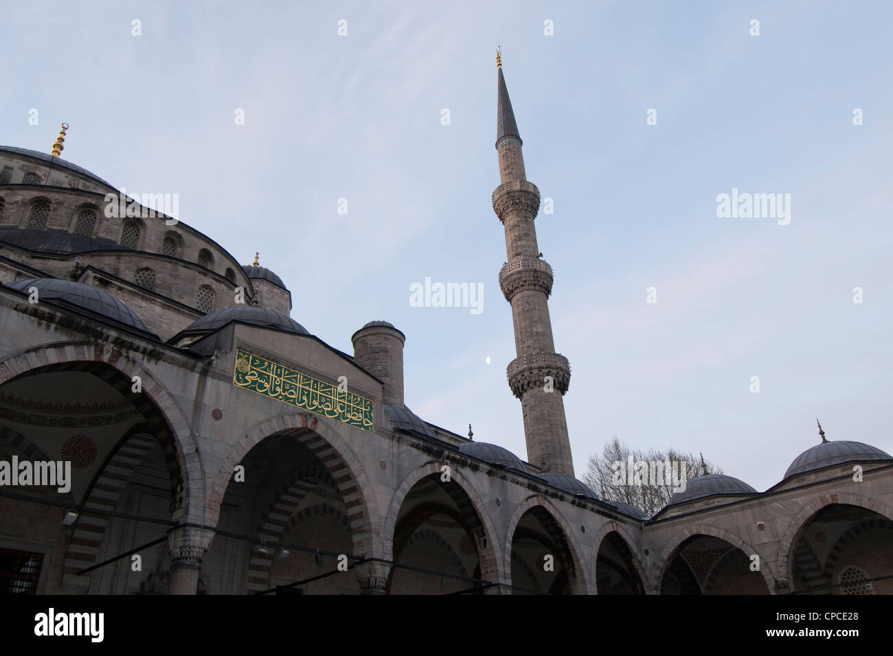 half moon at a minaret of the Blue Mosque in the morning, Istanbul ...