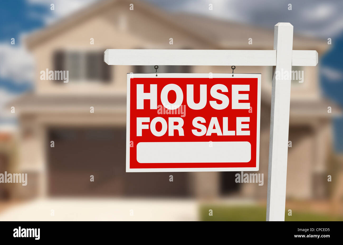 House For Sale Real Estate Sign in Front of Beautiful New Home Stock ...