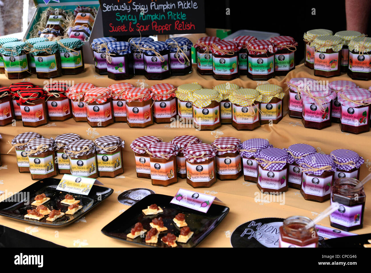 Local fruit jams on sale at the Shaftsbury food festival Stock Photo ...