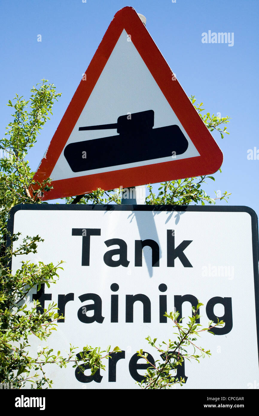 Tank hazard triangle / triangular hazard road sign near The Tank Museum ...