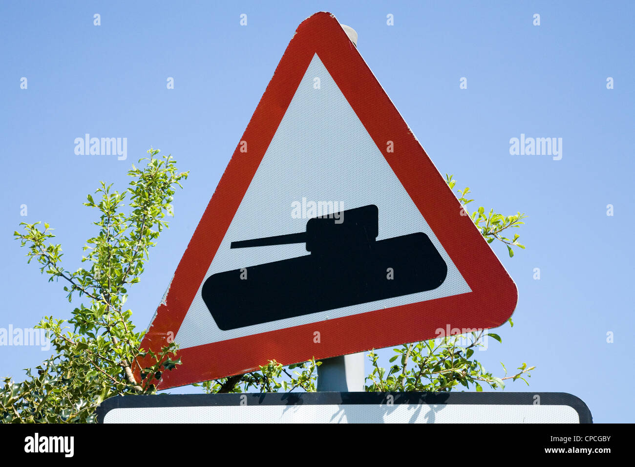 Tank hazard triangle / triangular hazard road sign near The Tank Museum ...