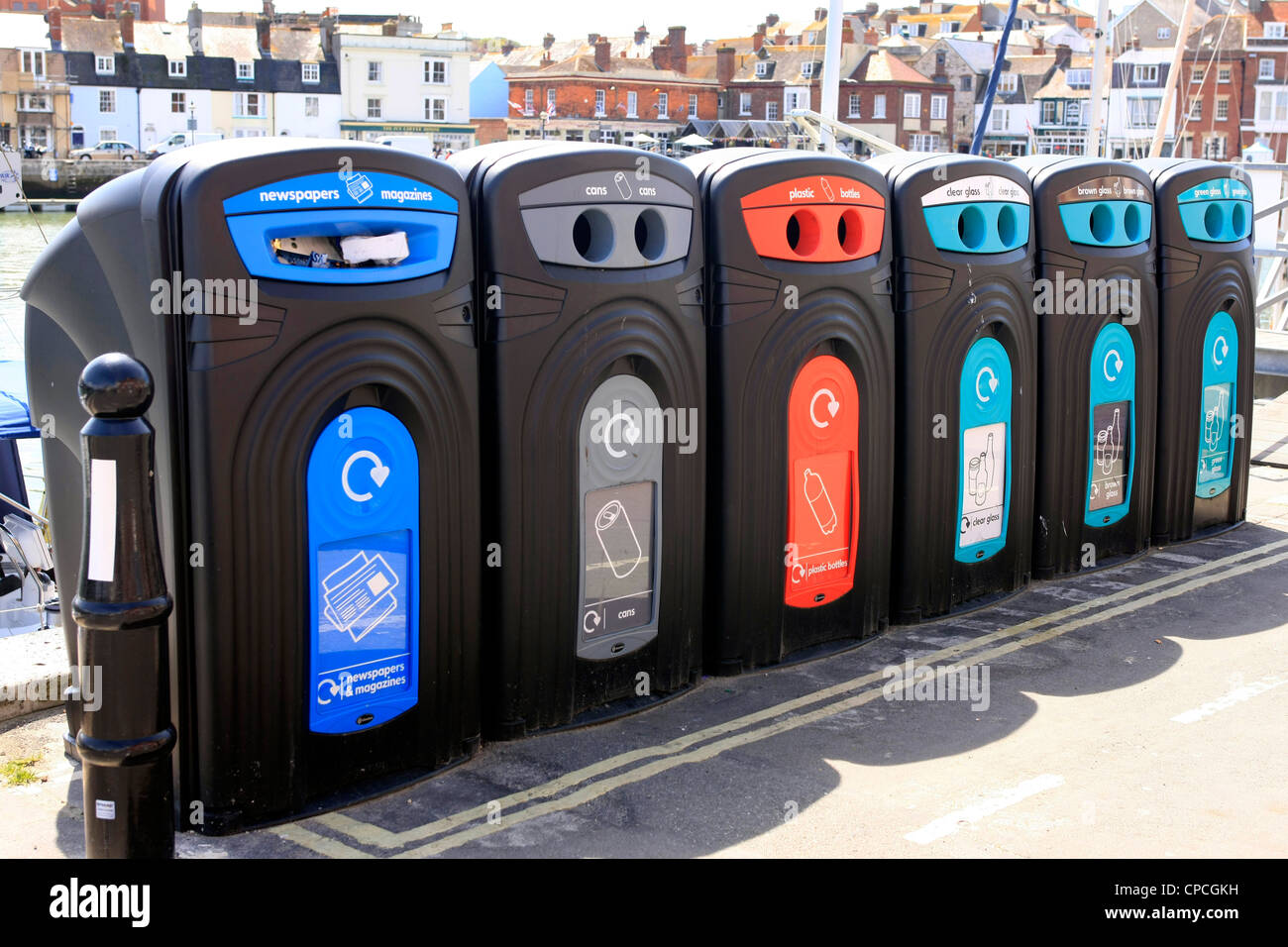 Group of recycling bins in Weymouth Dorset England Stock Photo - Alamy