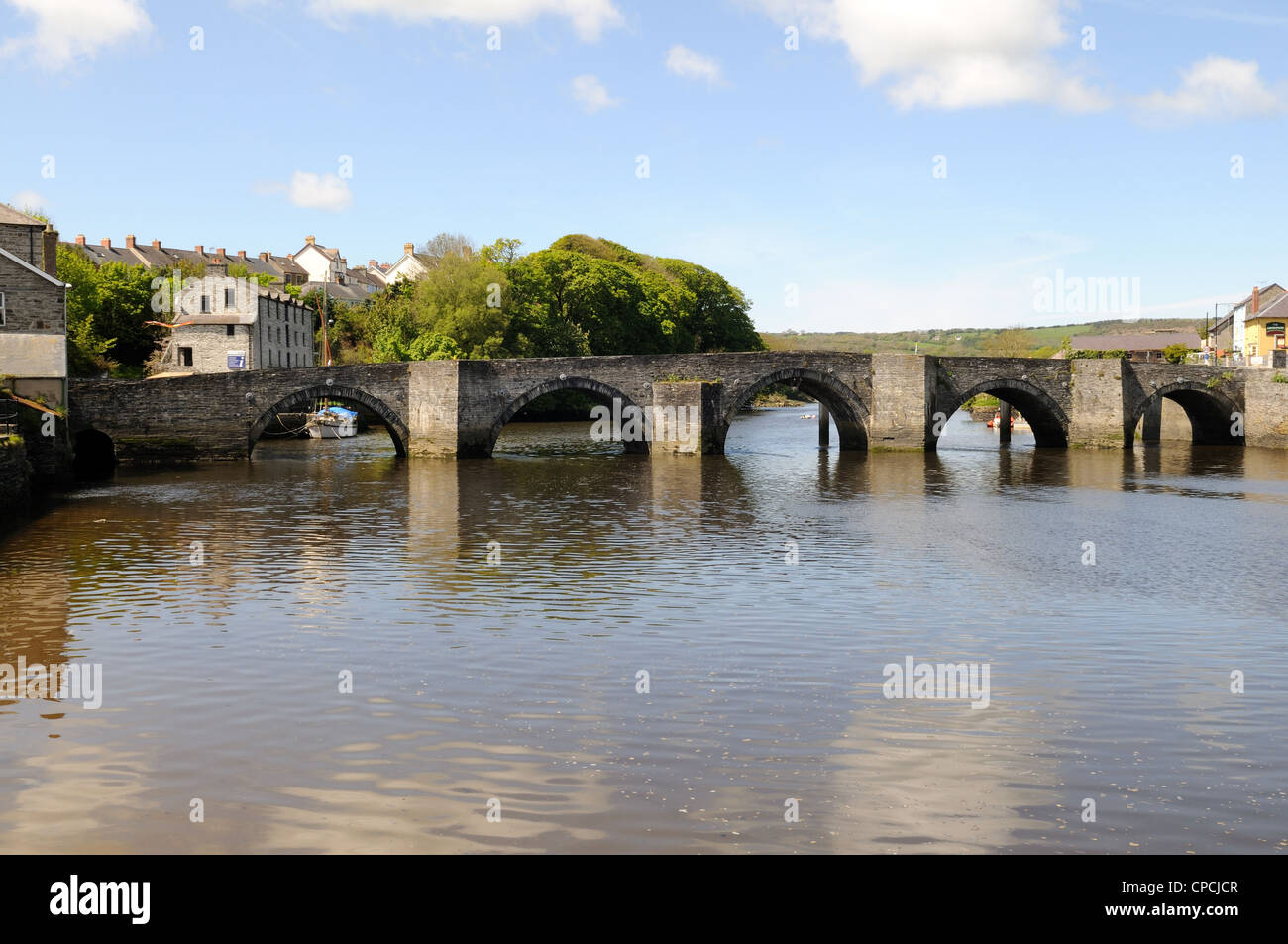 Seven Arch stone bridge crossing the river Teifi at Cardigan town Abertefi Wales Cymru UK GB ...