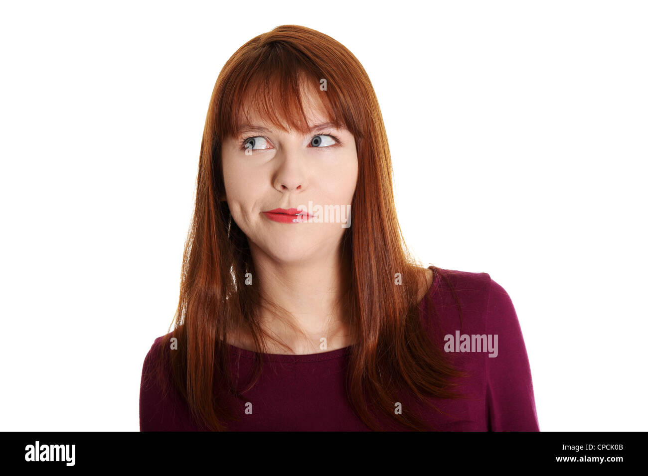 Thoughtful woman looking left, isolated on white Stock Photo - Alamy