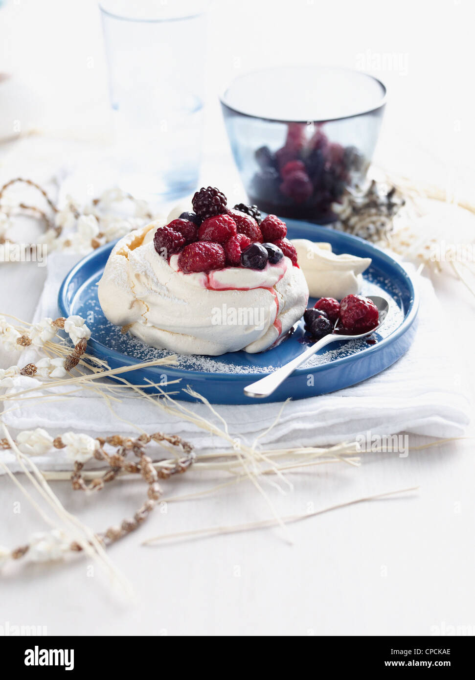 Plate of fruit meringue with cream Stock Photo - Alamy