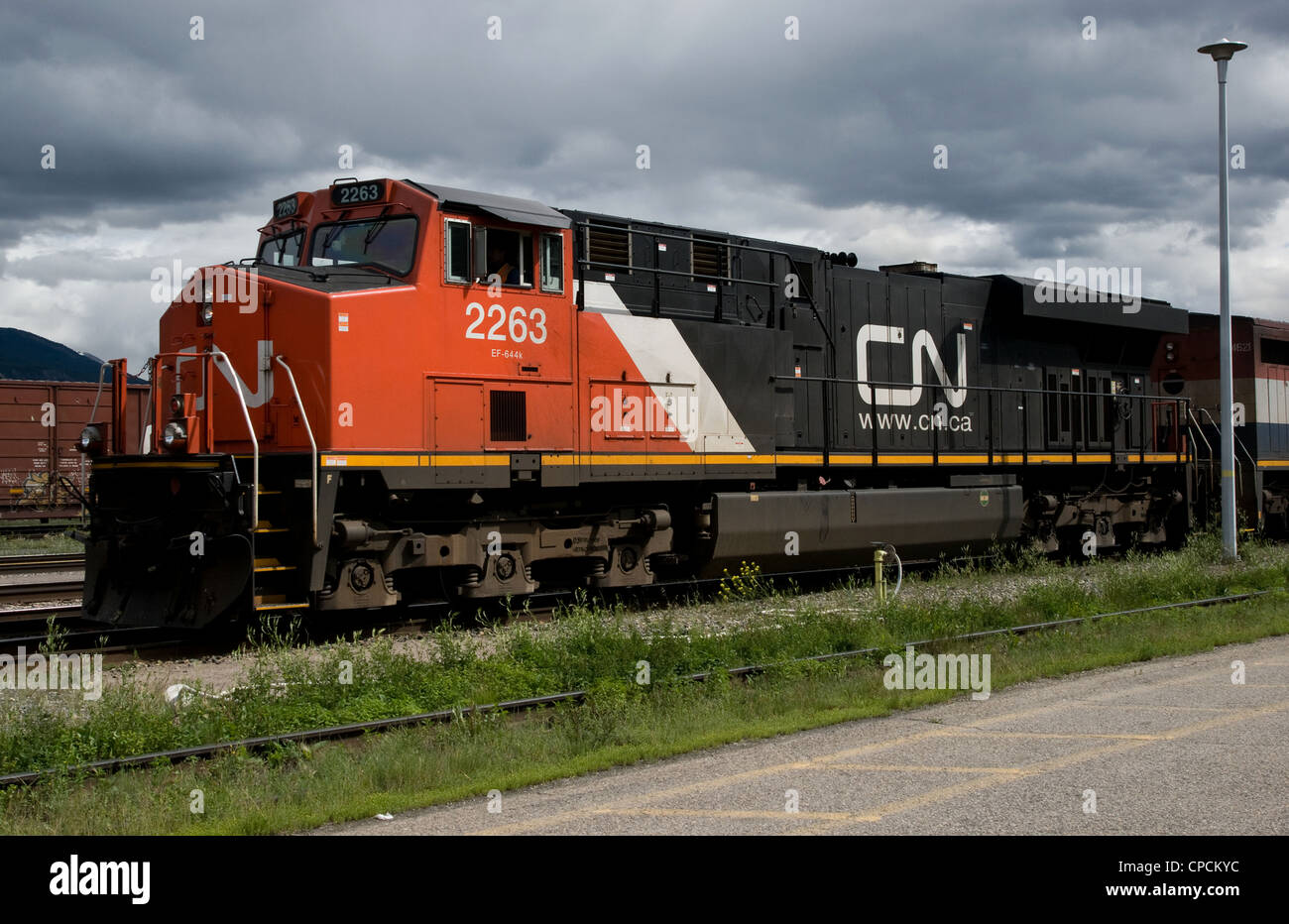 A Canadian National ES 44 DC, locomotive sits at Jasper station on a ...