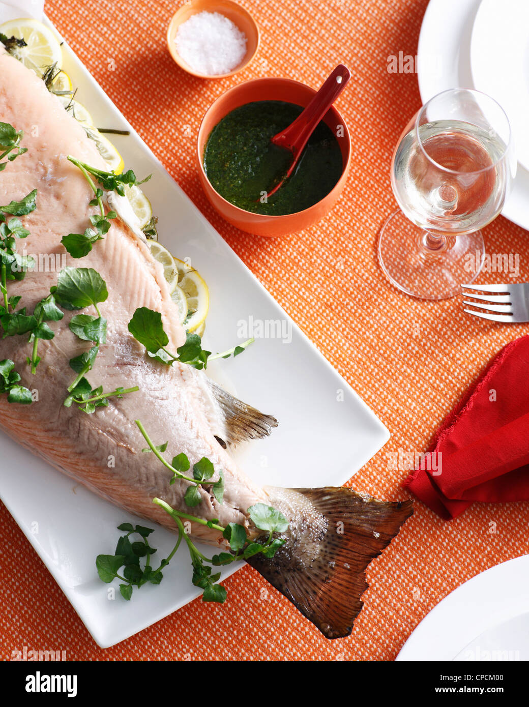 Plate of stuffed fish and herbs Stock Photo - Alamy