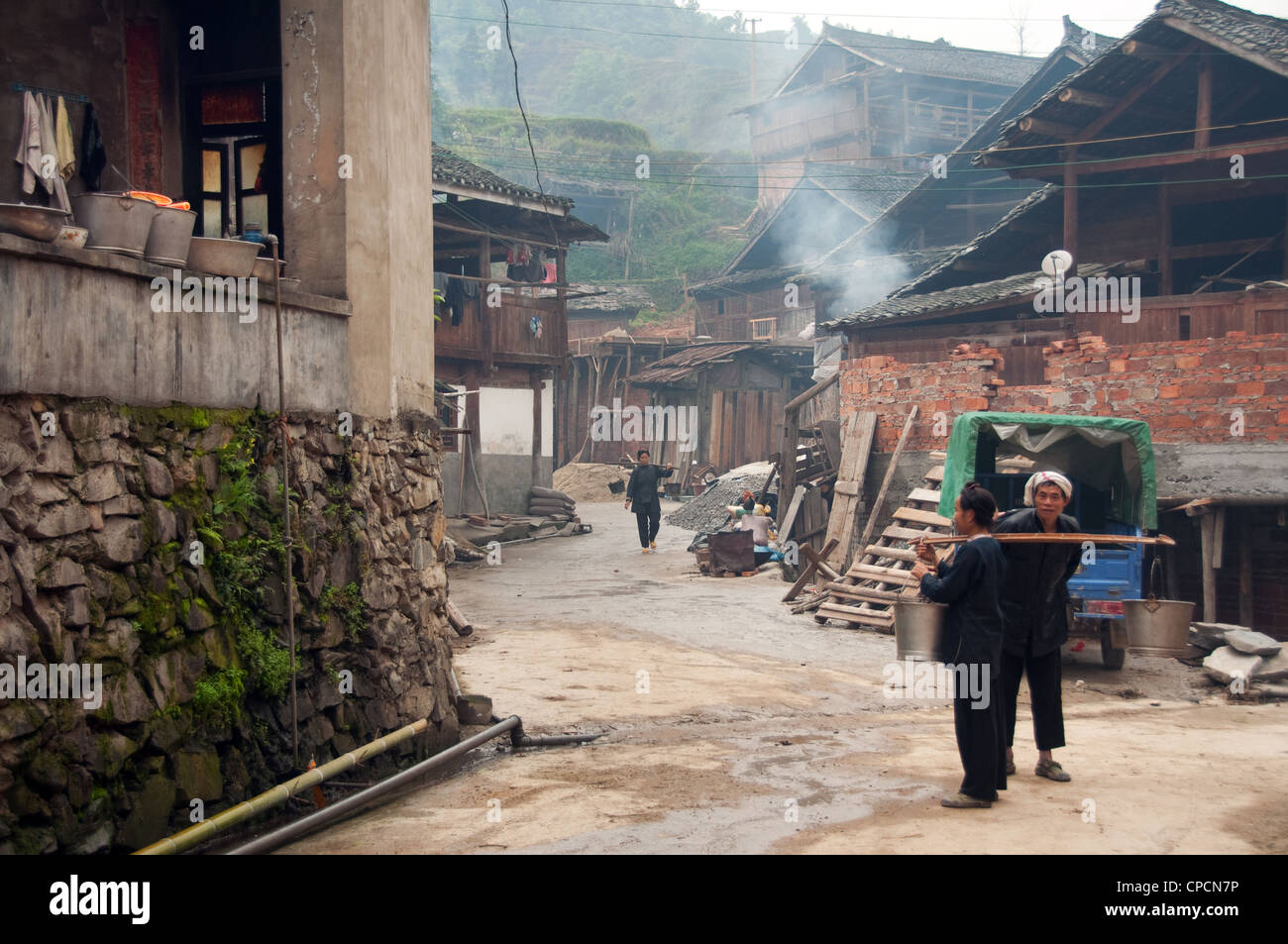 People on the street of a Dong people village, Southern China Stock ...