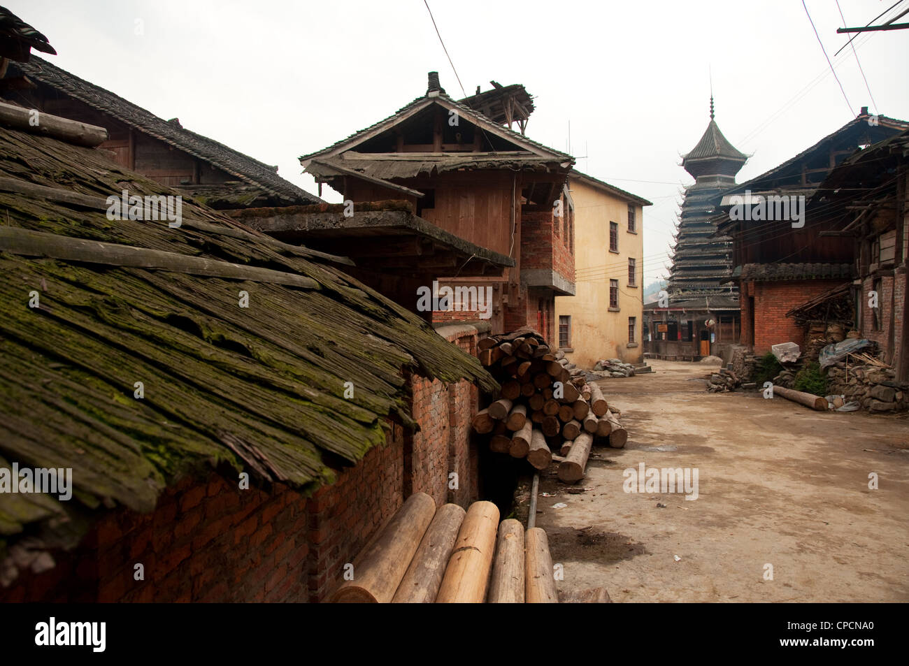 Traditional bark roof tiles and a Drum Tower in a Dong people village ...