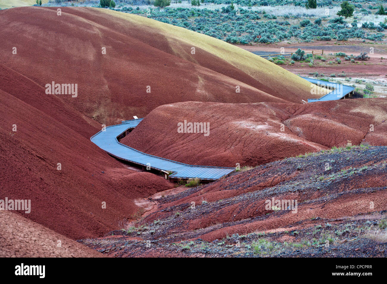 A boardwalk leads through a section of painted hills in Oregon Stock ...