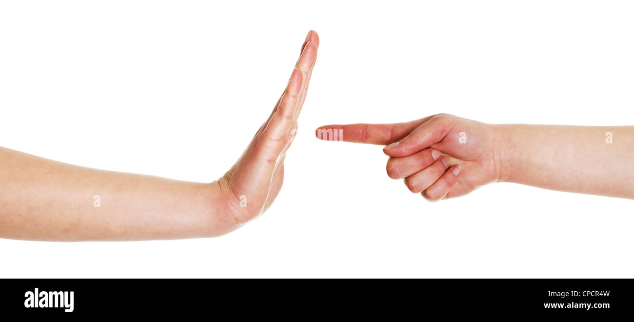 Hand gesture, pointing against opened hand isolated on white background ...
