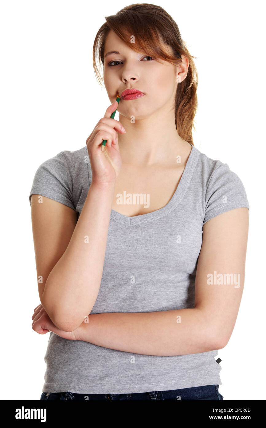 Thoughtful woman isolated on white background Stock Photo - Alamy