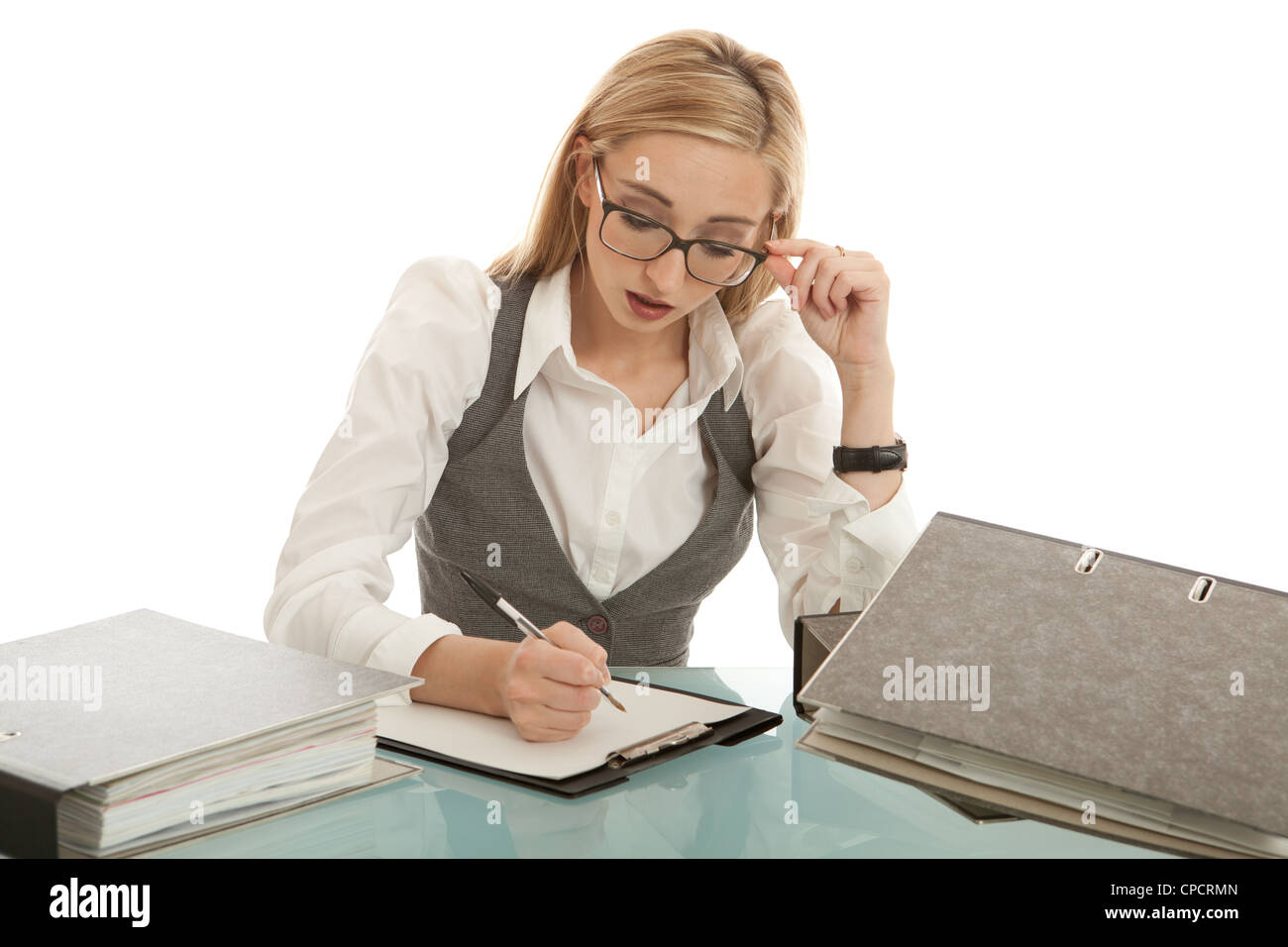 business woman with folder on desk working isolated on white background ...