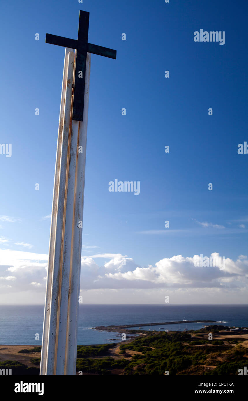 Schellite mine monument above Grassy Harbour on Tasmania's King Island ...