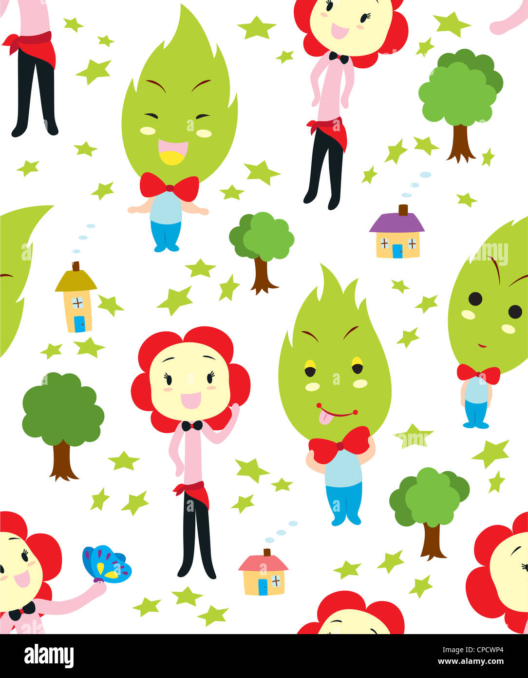 A seamless pattern of flowers and grass character with houses, tree and ...