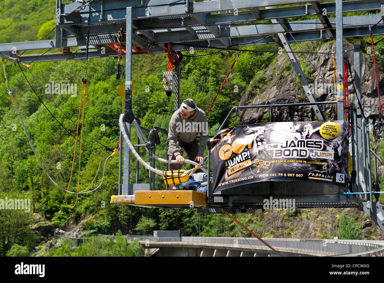 Switzerland, Canton Ticino, Verzasca valley, Contra dam, bungee jumping ...
