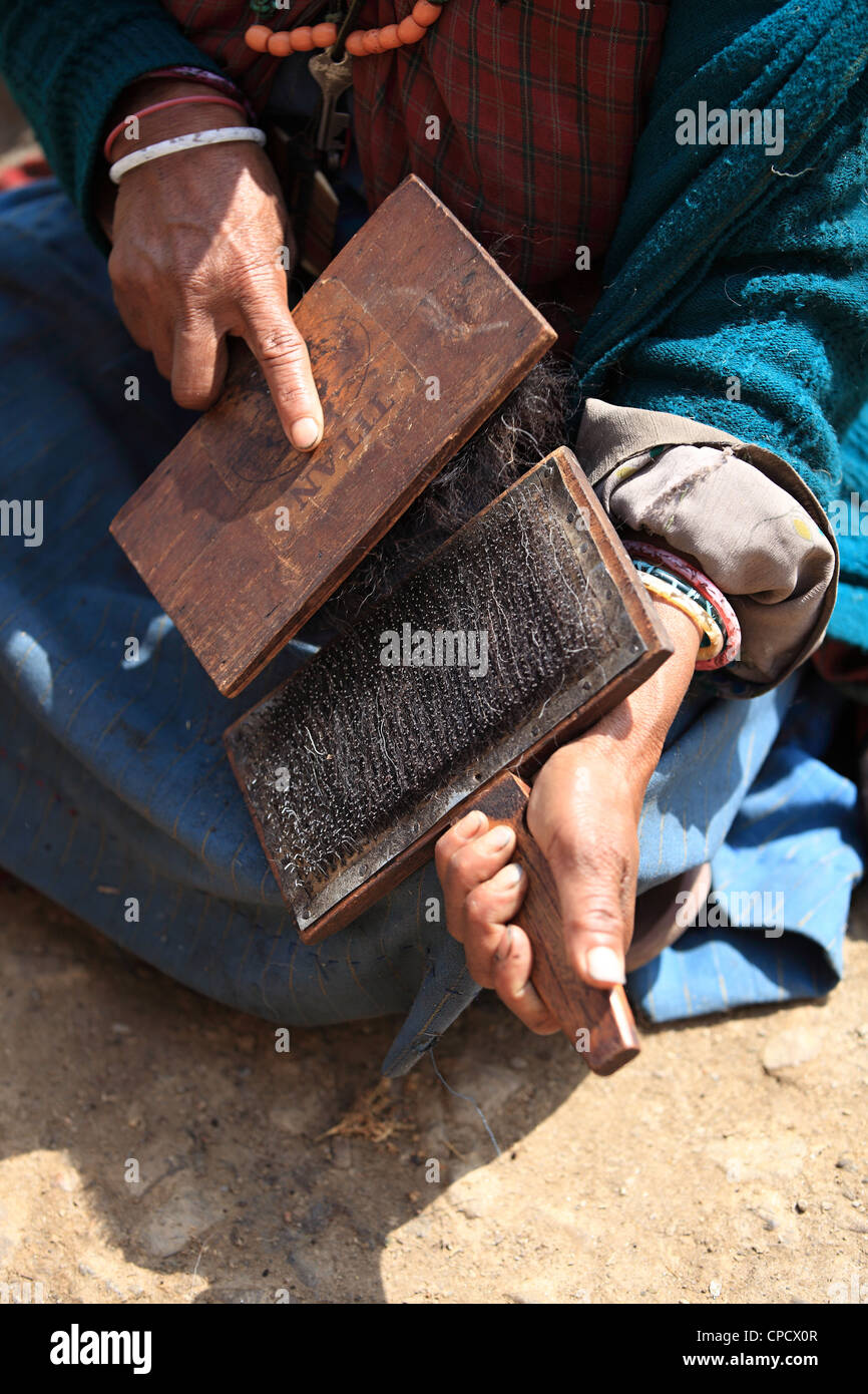 Nepali rural woman with yak wool Nepal Stock Photo - Alamy