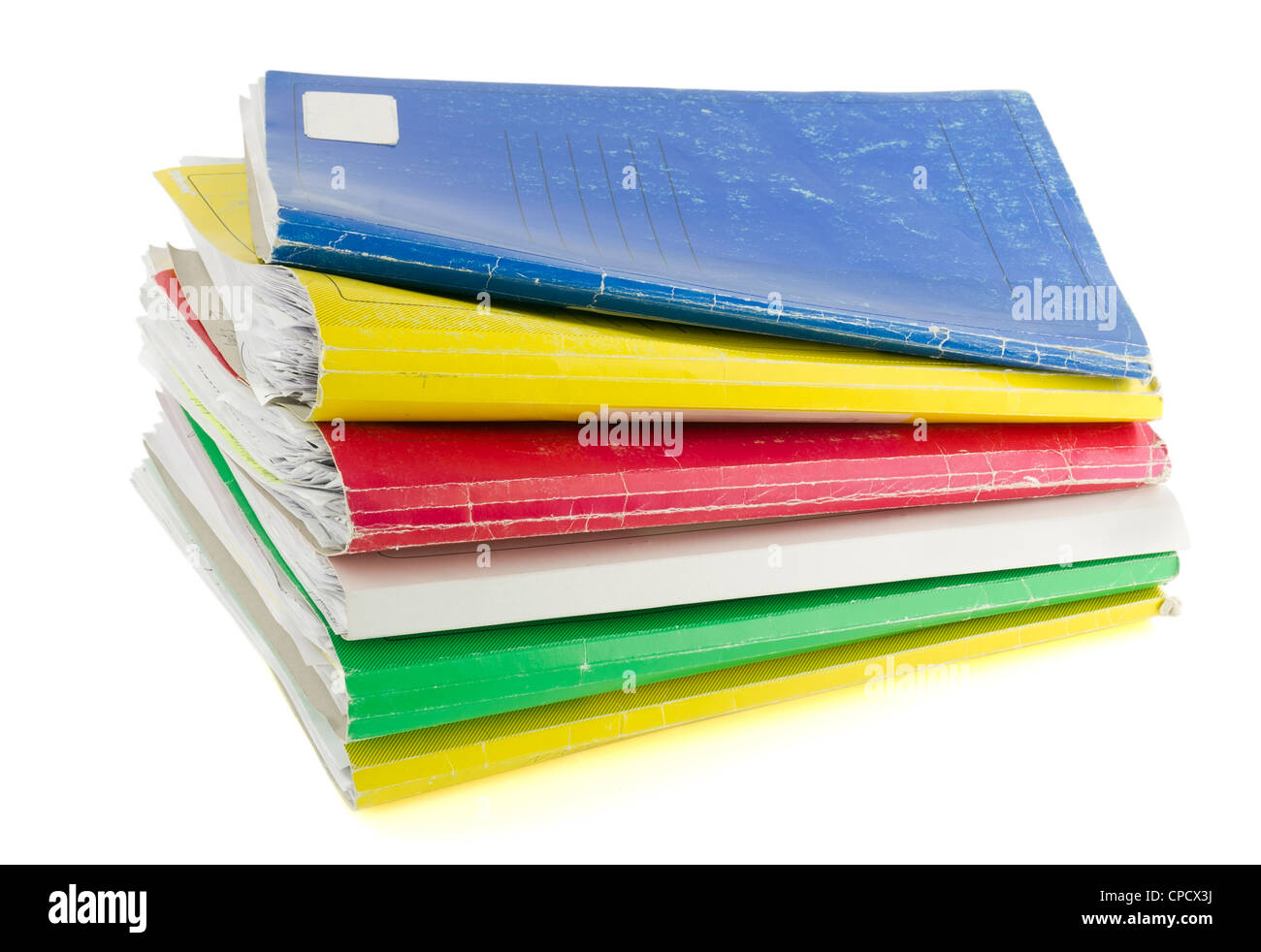 The old paper retro shabby dirty colored documents files lies on white ...