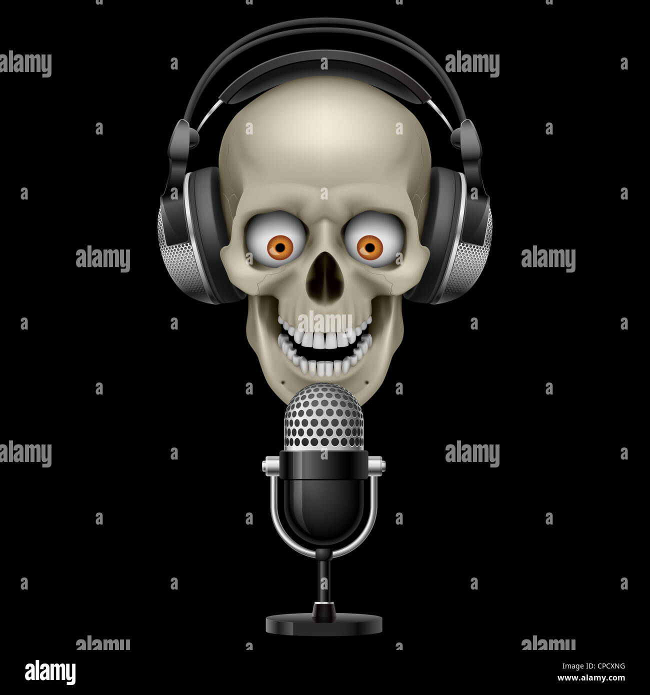 Skull with headphones with microphone. Illustration on black background ...