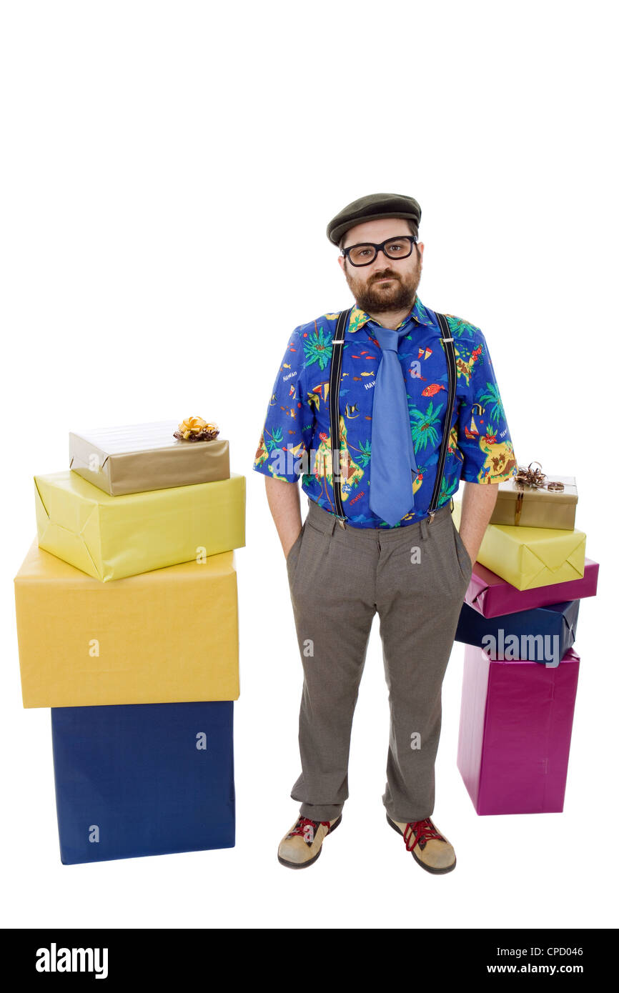 happy silly salesman with some boxes, isolated on white Stock Photo - Alamy