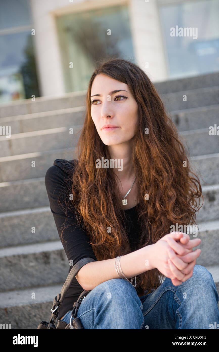Young woman in problems - outdoor portrait, unhappy expression Stock ...