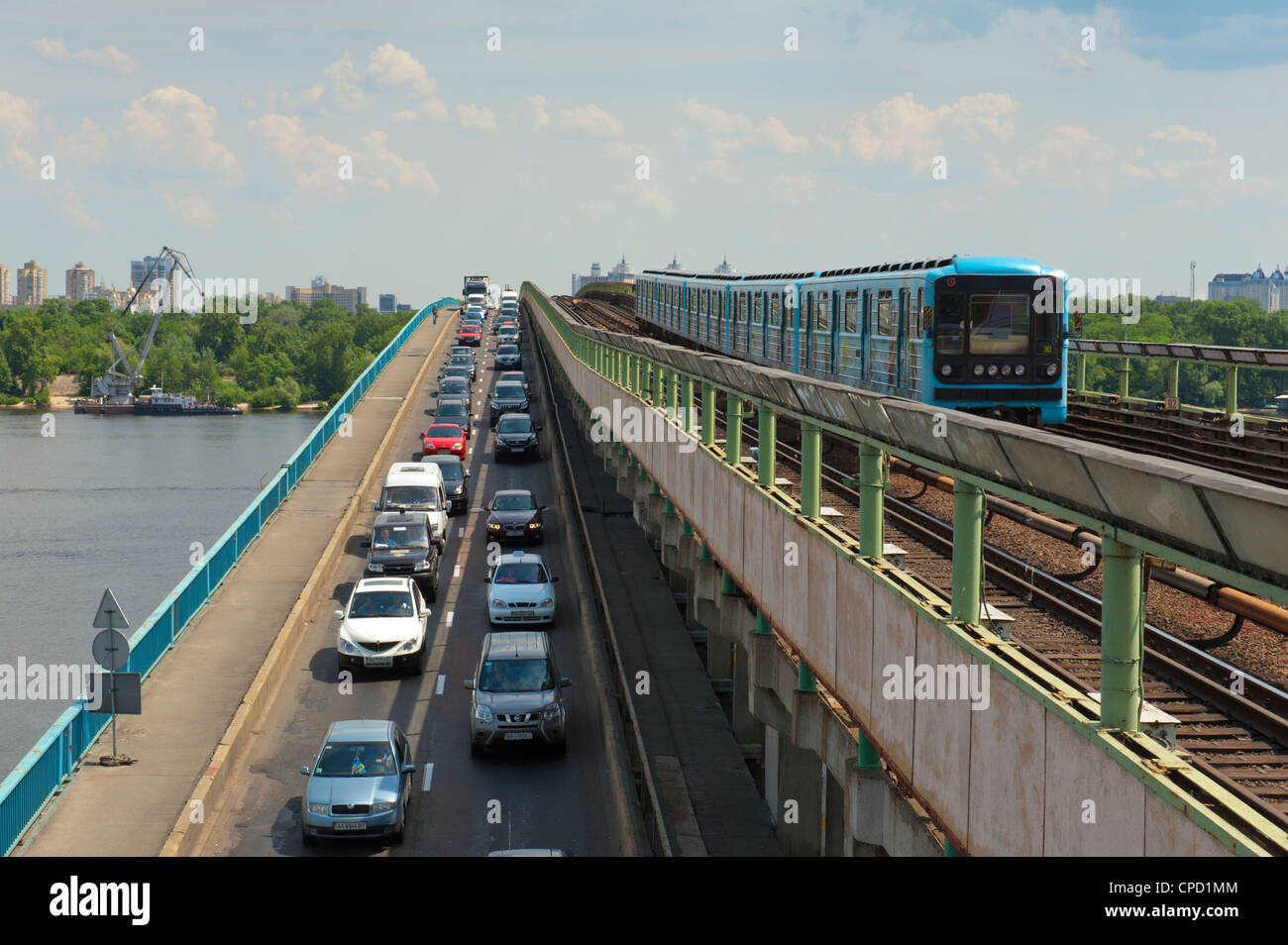 Traffic on the Metro Bridge, Mist Metro, over the Dnieper River, Kiev ...
