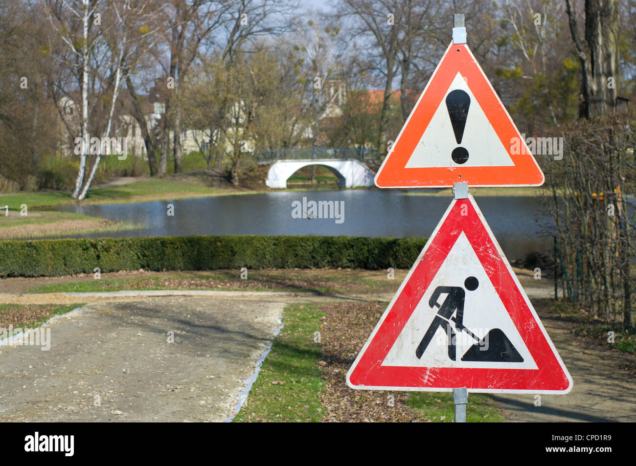 The sign of attention. The sign of earthworks Stock Photo - Alamy