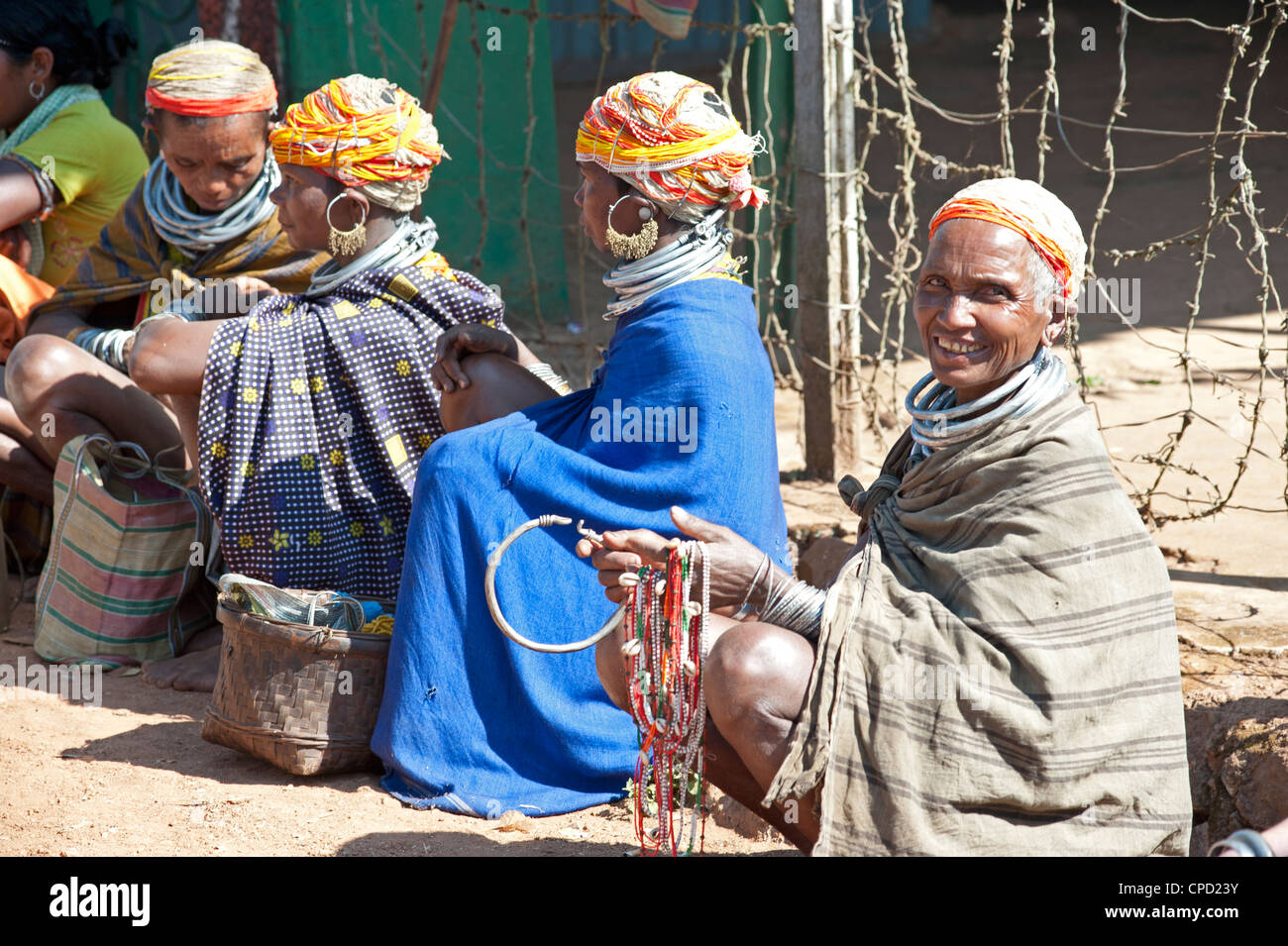 Bonda tribeswomen in traditional dress with beaded caps, Rayagader ...
