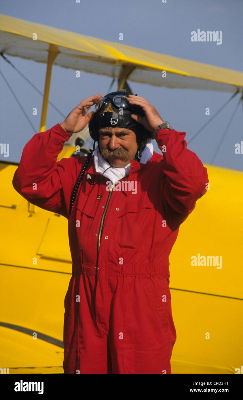 Moustache french pilot of ultra light biplane Kiebitz, France Stock ...