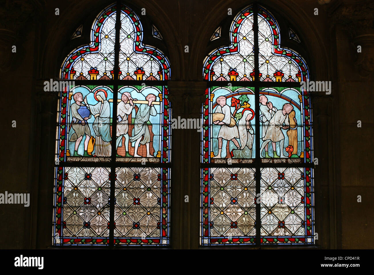 Stained glass depicting Sainte Genevieve's life, cloister of Notre-Dame ...