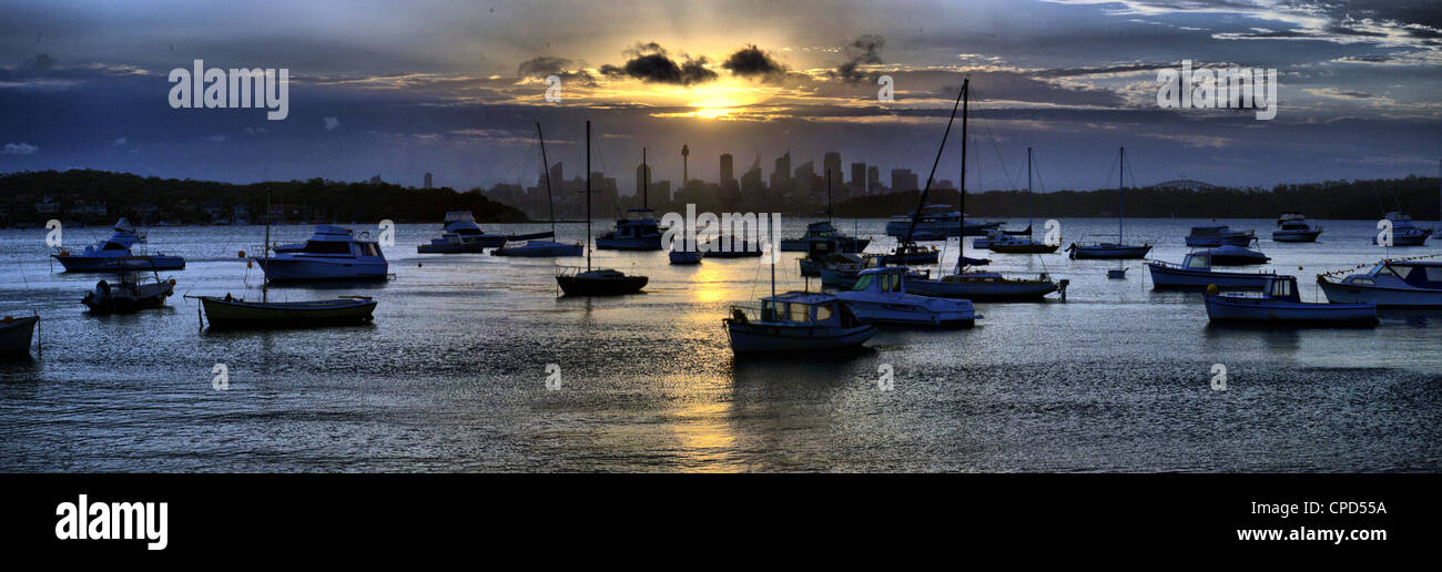 Panoramic image of sunset over water at watsons bay hi-res stock ...