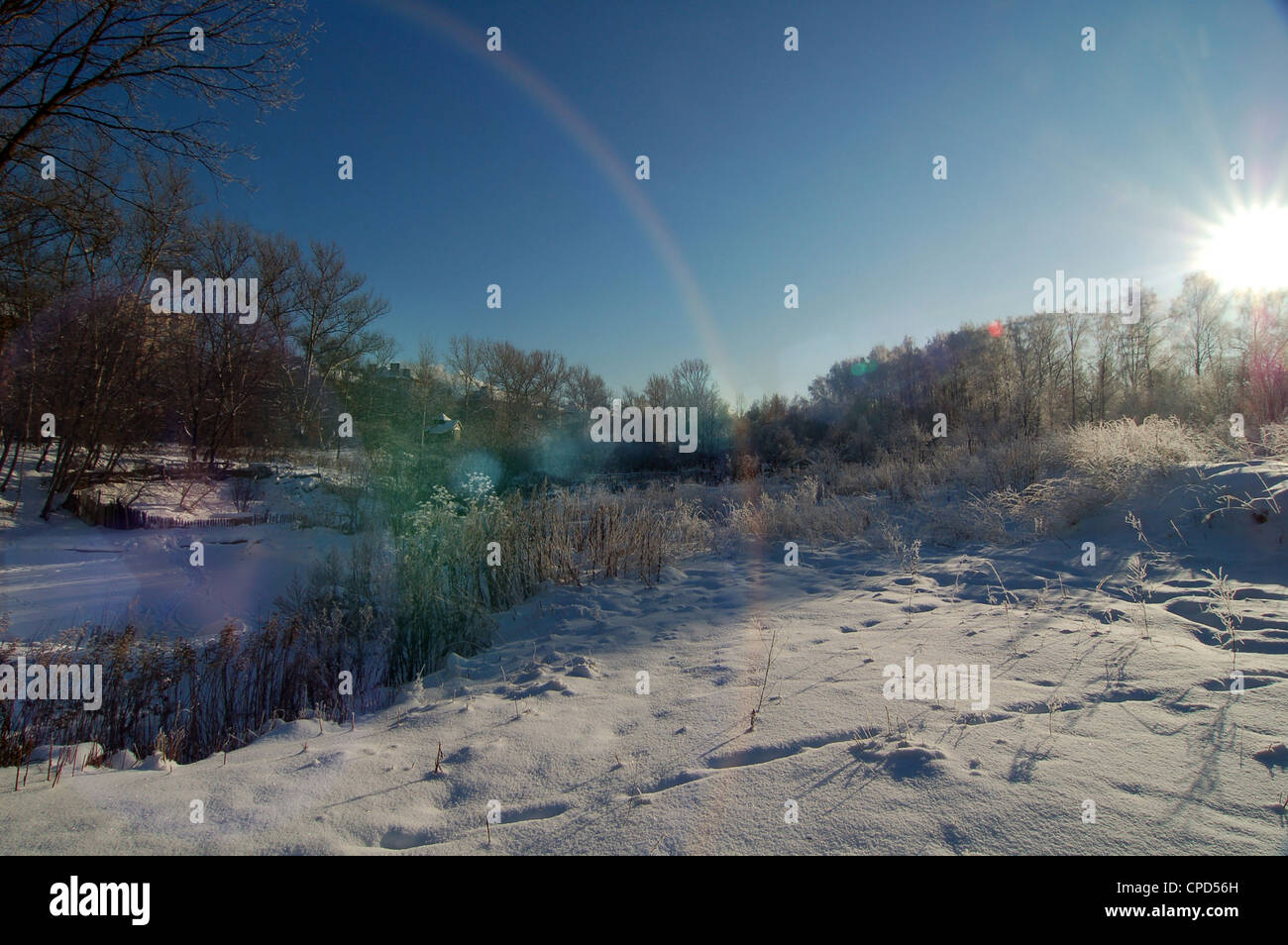 Sunny winter frosty day, white snow and blue sky Stock Photo - Alamy