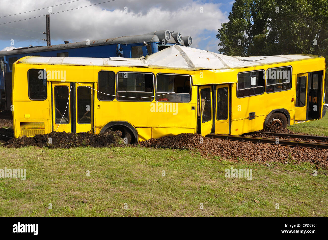 Bus crashes with train. Firefighter exercises Stock Photo - Alamy