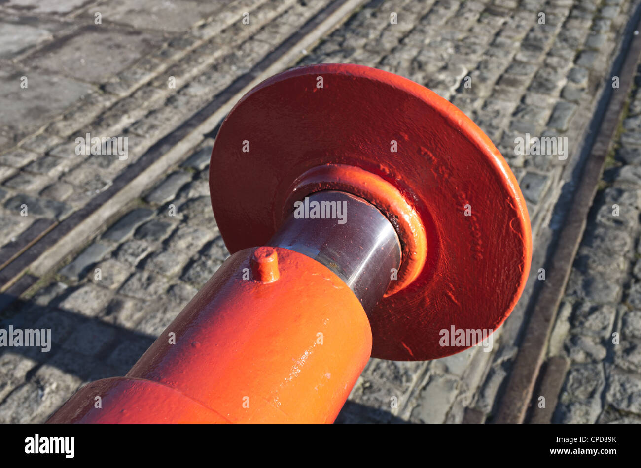 Bright red painted rail buffers Albert Dock Pier Head Liverpool Stock ...