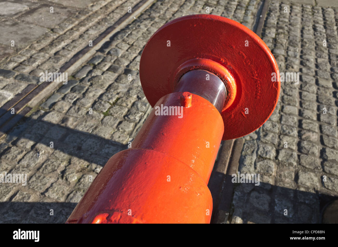 Bright red painted rail buffers Albert Dock Pier Head Liverpool Stock ...