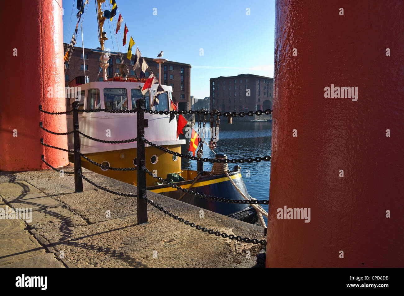 Albert Dock Pier Head Liverpool with pink columns warehouse buildings ...
