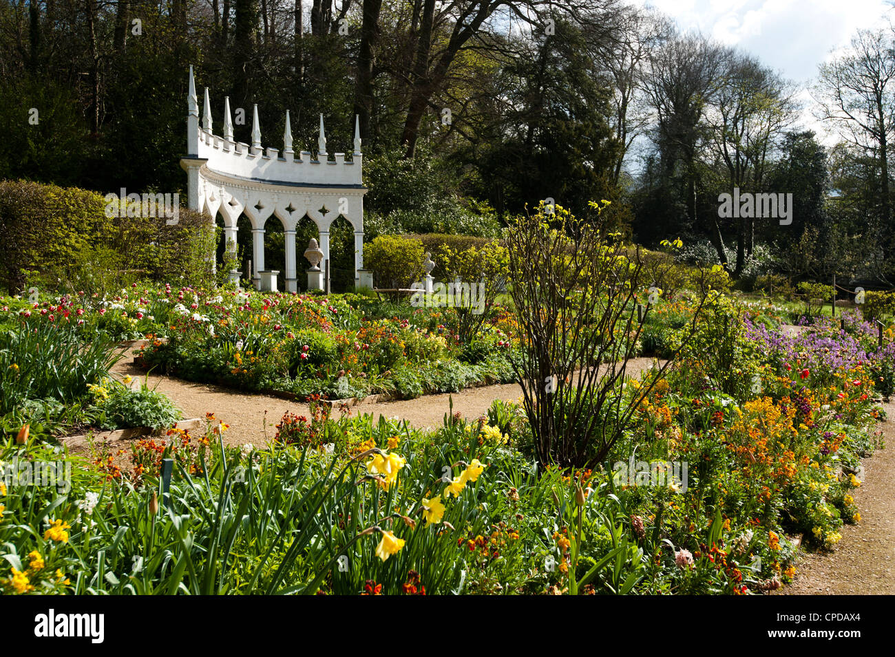 Exedra gardens in spring, Painswick Rococo Garden, Gloucestershire ...