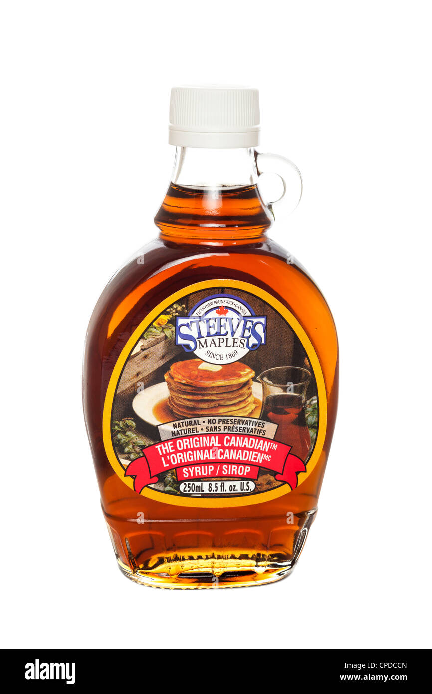 A bottle of Steeves Maple Syrup, isolated on white Stock Photo - Alamy