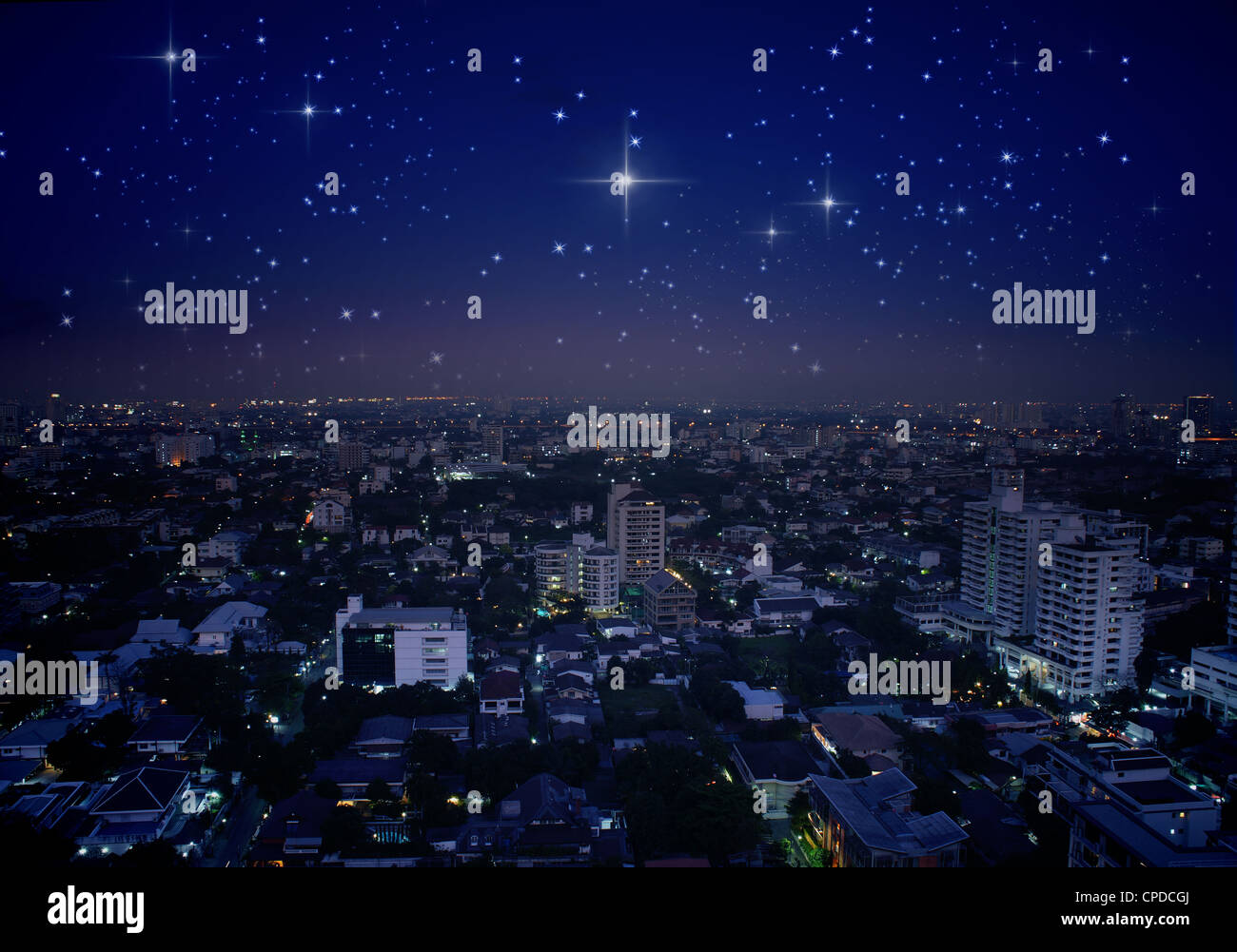city at night with stars in the sky Stock Photo - Alamy