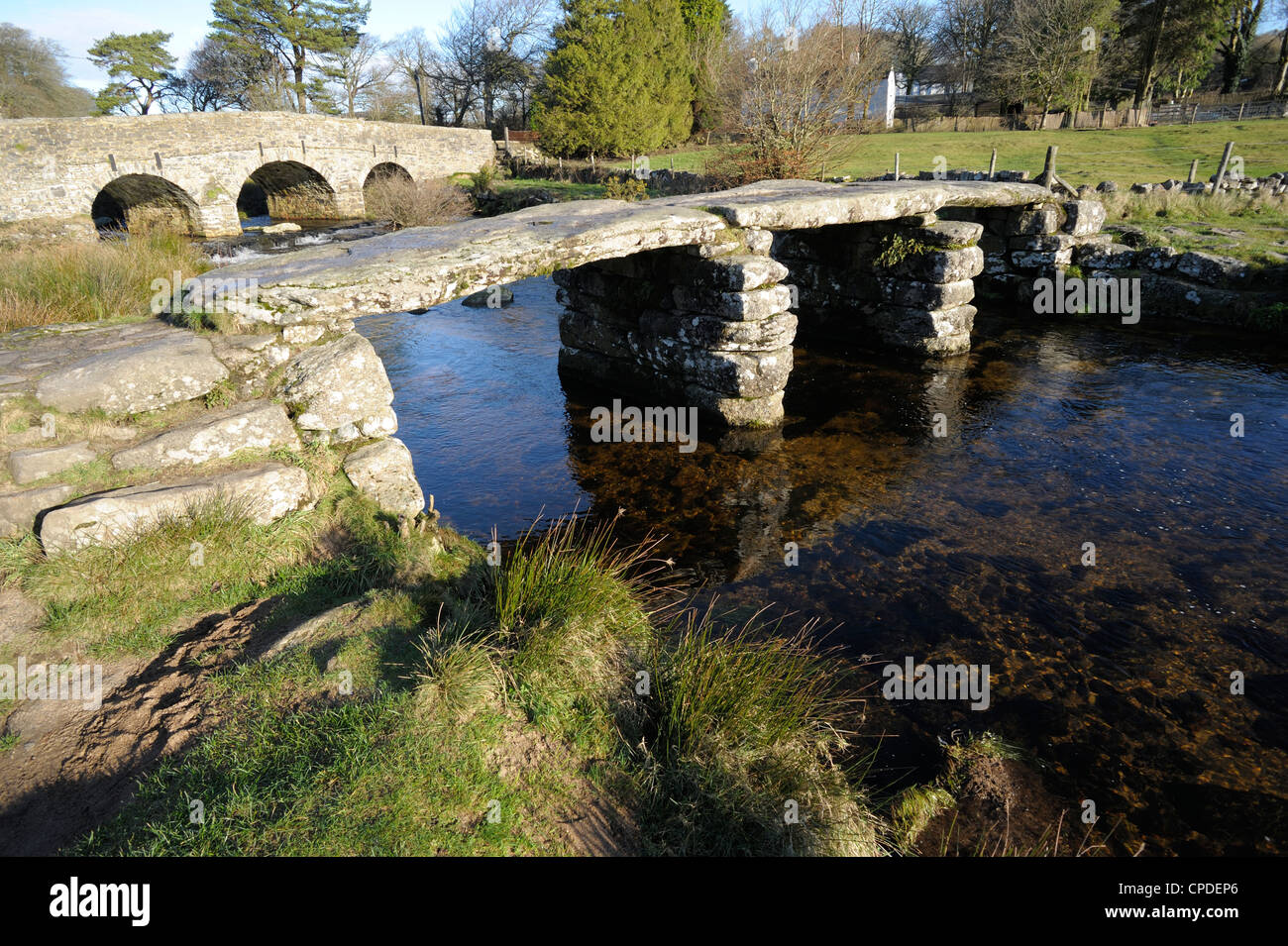 Clapper bridge at Postbridge, Dartmoor National Park, Devon, England ...