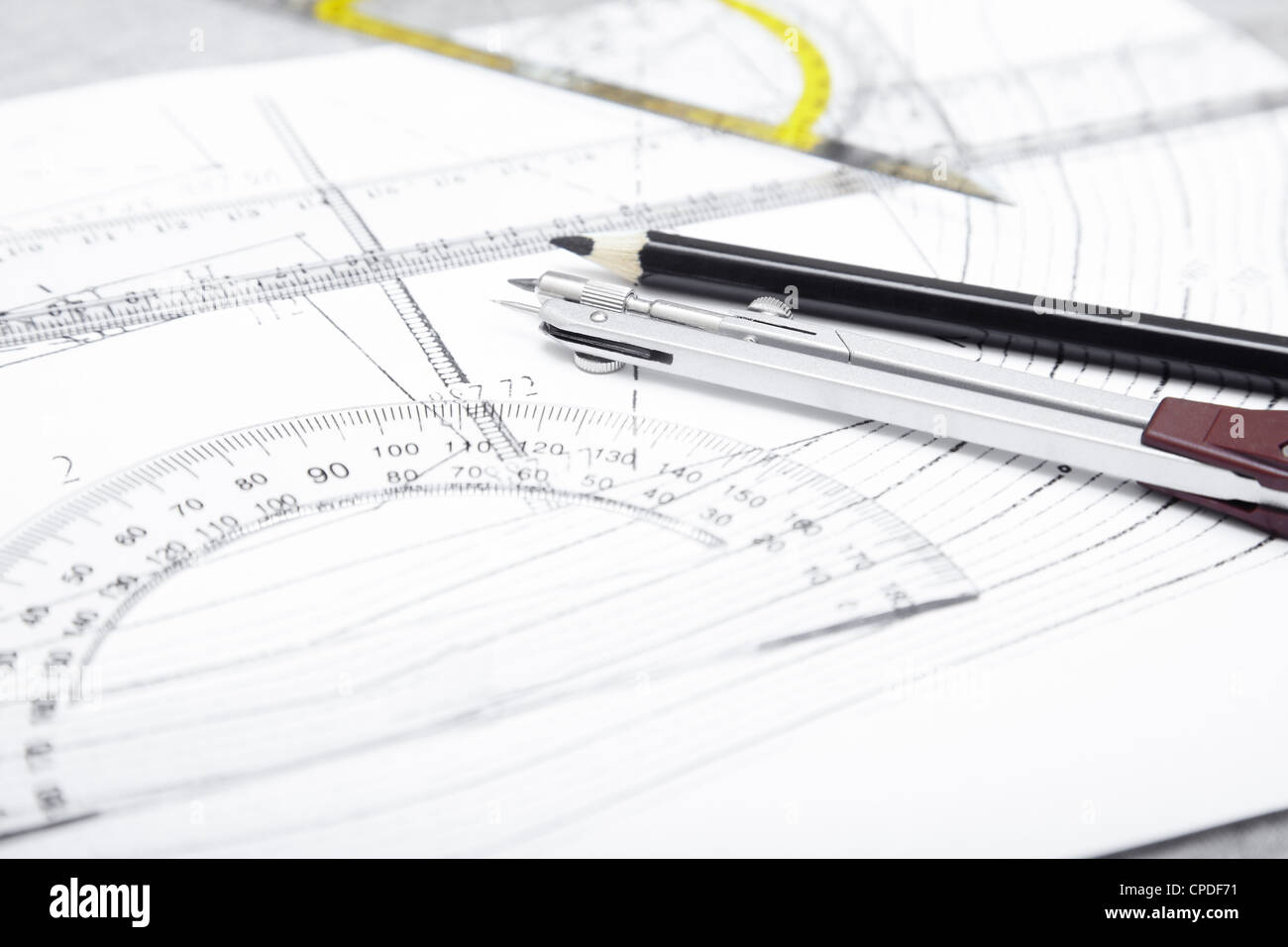 Scheme with compasses rulers and pencil. Close-up photo Stock Photo - Alamy