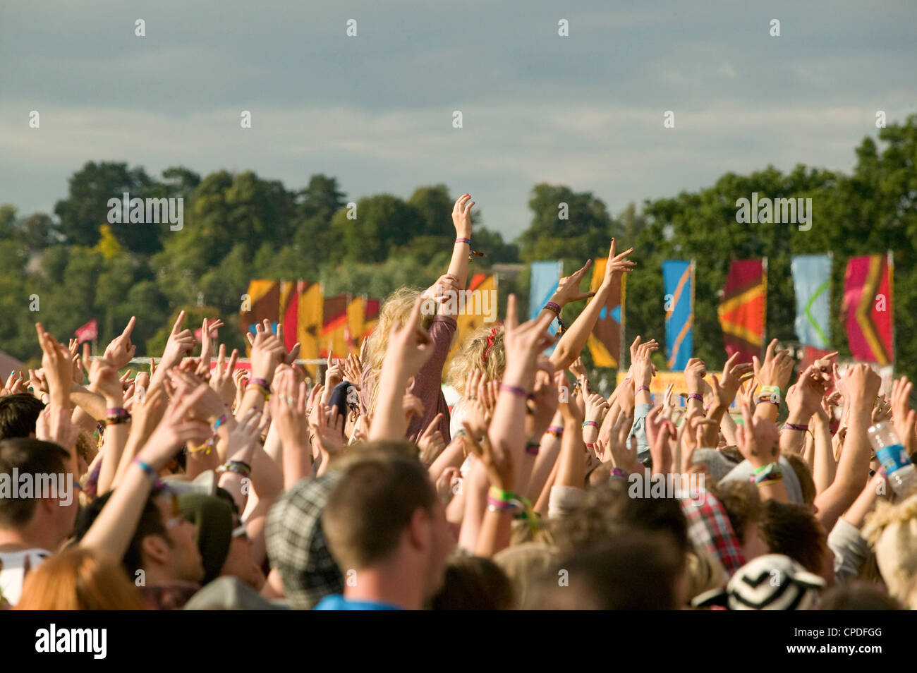 Girl at a music festival on shoulders in the crowd cheering Stock Photo ...